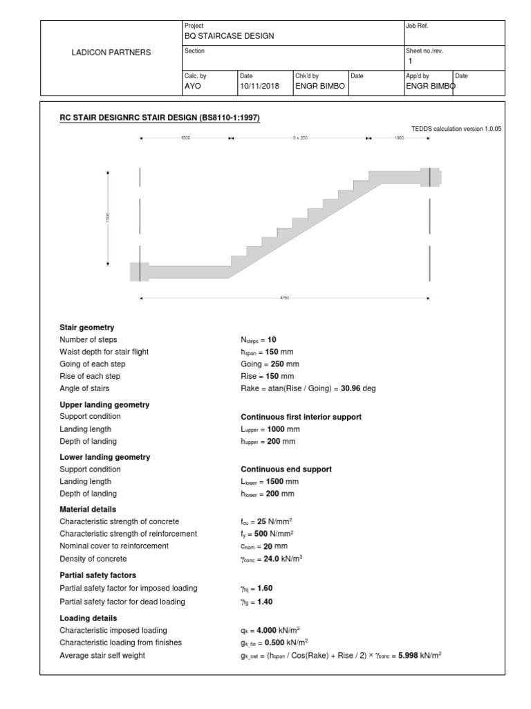 RC Stair Designrc Stair Design (Bs8110-1:1997) : Project Job Ref | PDF ...