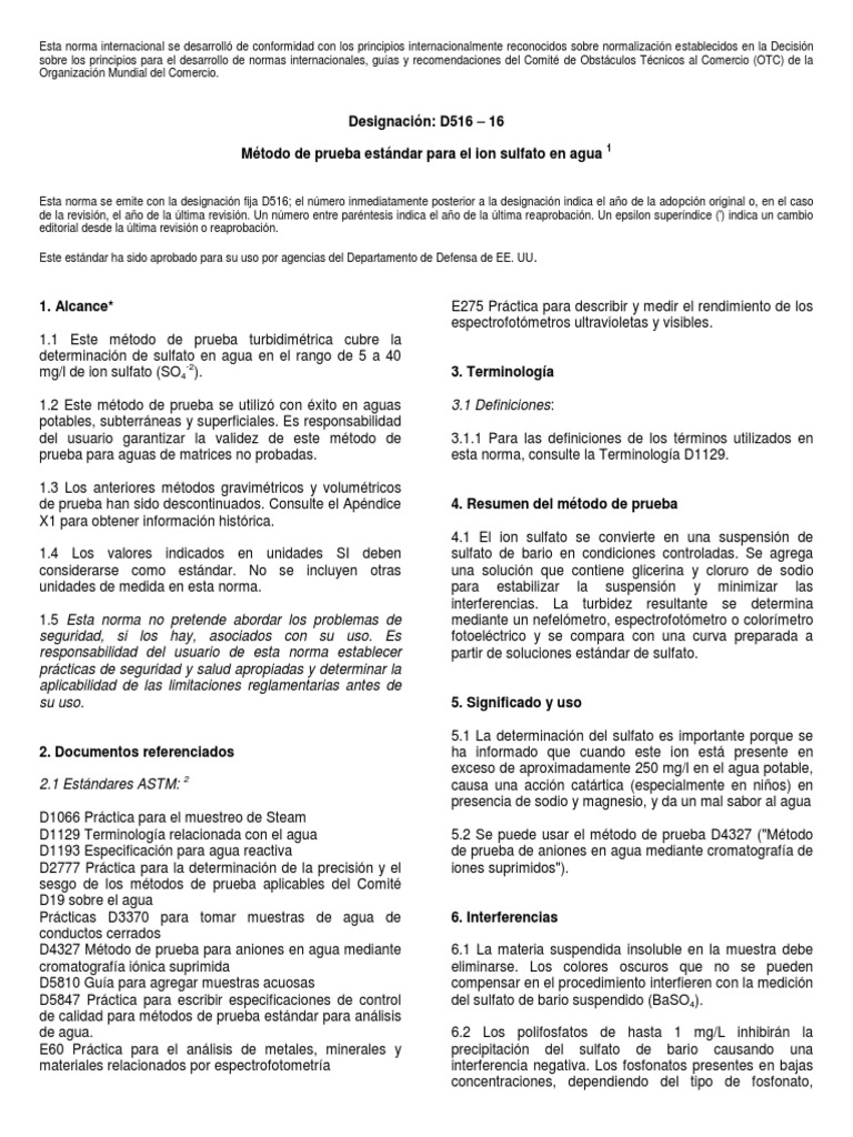 Prueba de Sulfatos en Agua ASTM D516 - 16 | PDF | Calibración | Ácido ...