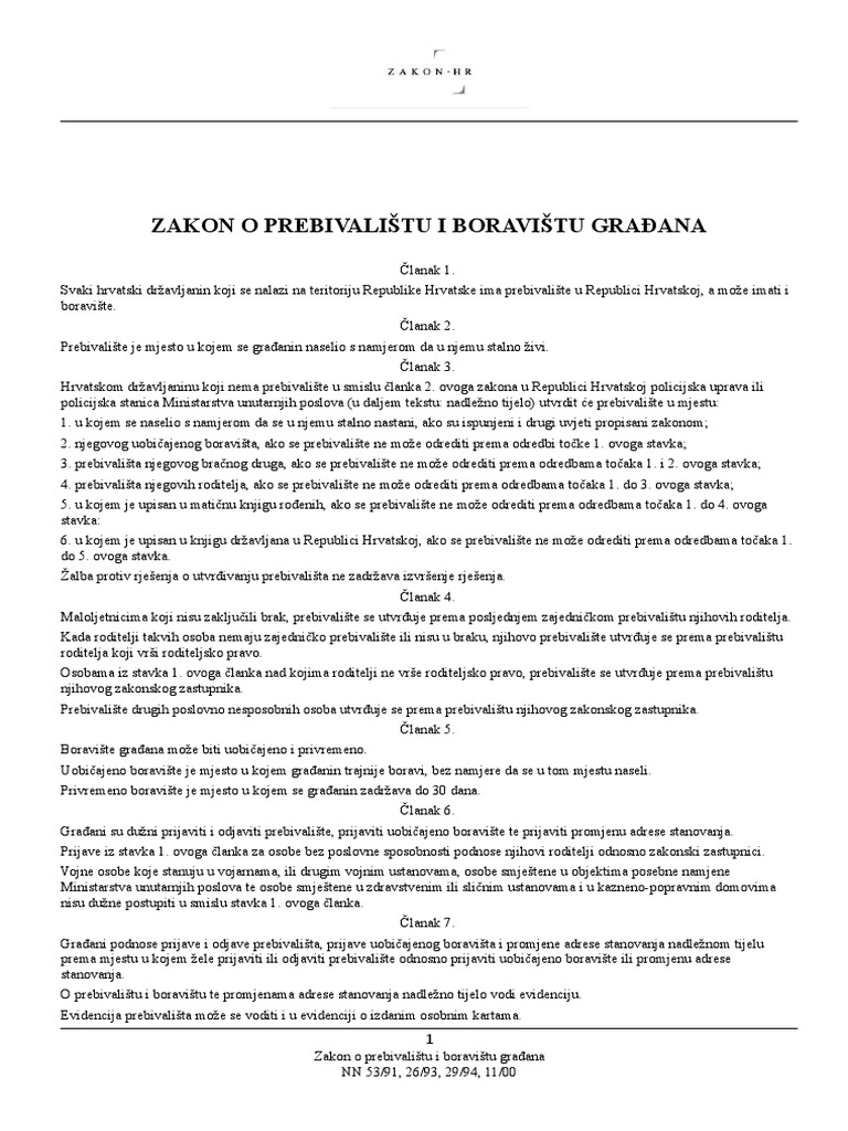 Zakon o Prebivalistu I Boravistu Gradana | PDF
