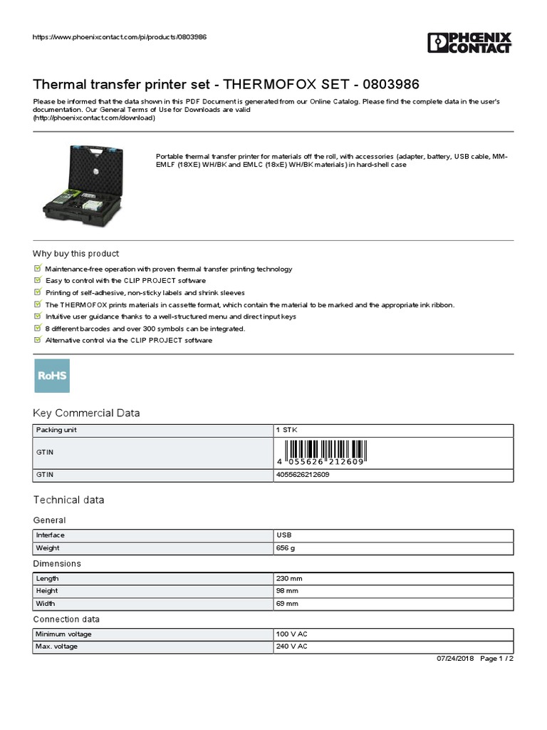 Thermal Transfer Printer Set - THERMOFOX SET - 0803986: Key Commercial Data | Download Free PDF ...