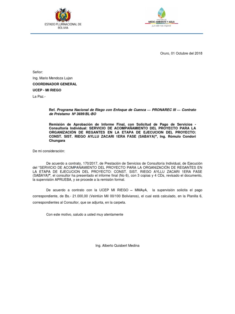 Carta Ucep CoordBorisUCEPPagoRomCondori01 Oct2018 | PDF