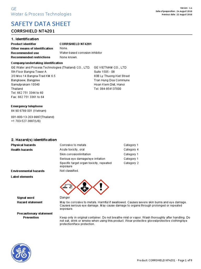 Corrshield NT4201 Safety Data Sheet | PDF | Toxicity | Personal ...