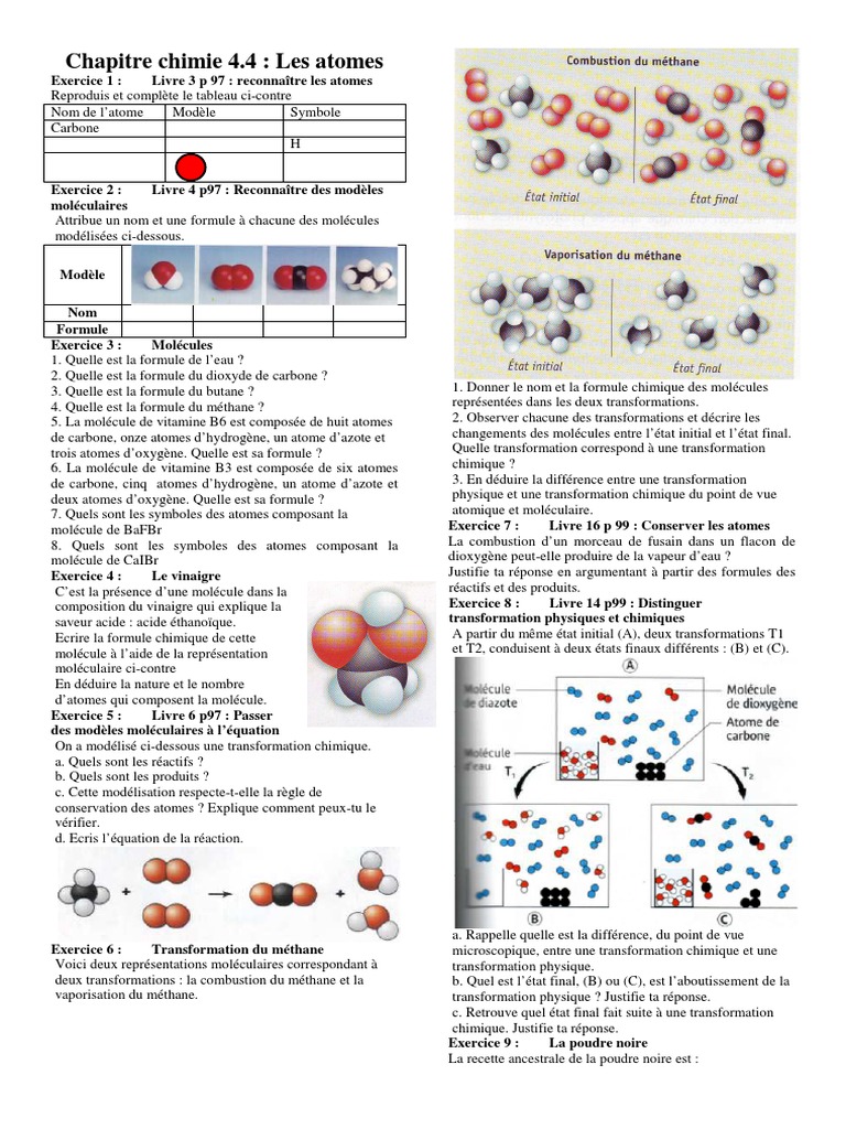 Exercices Atomes et molecule 2AC | Oxygène | Molécules