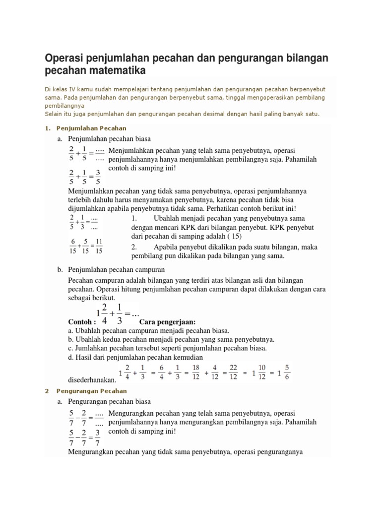 Operasi Penjumlahan Pecahan Dan Pengurangan Bilangan Pecahan Matematika ...
