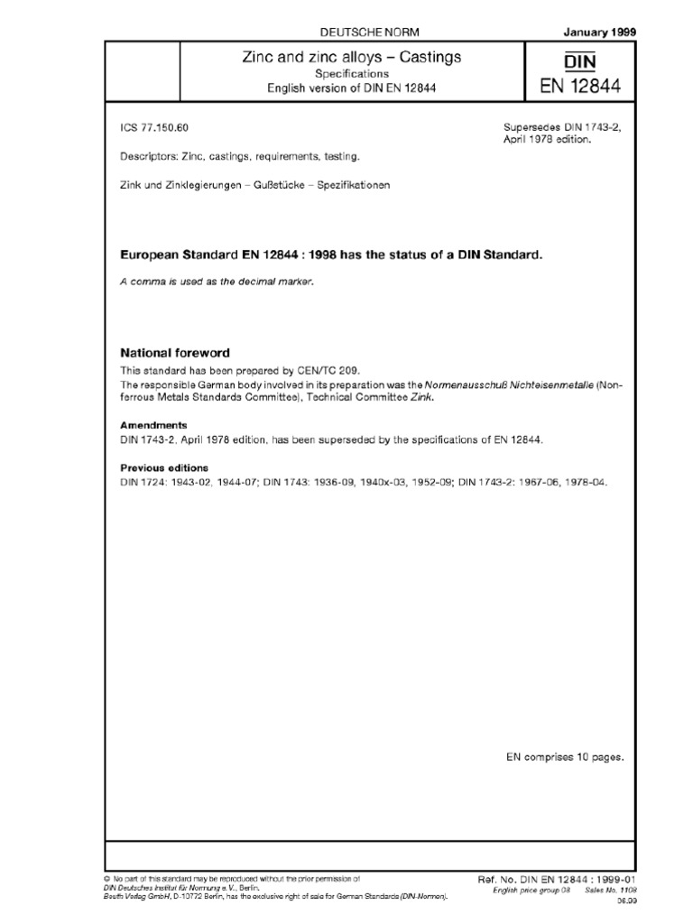 BS en 12844 Zinc Castings | PDF