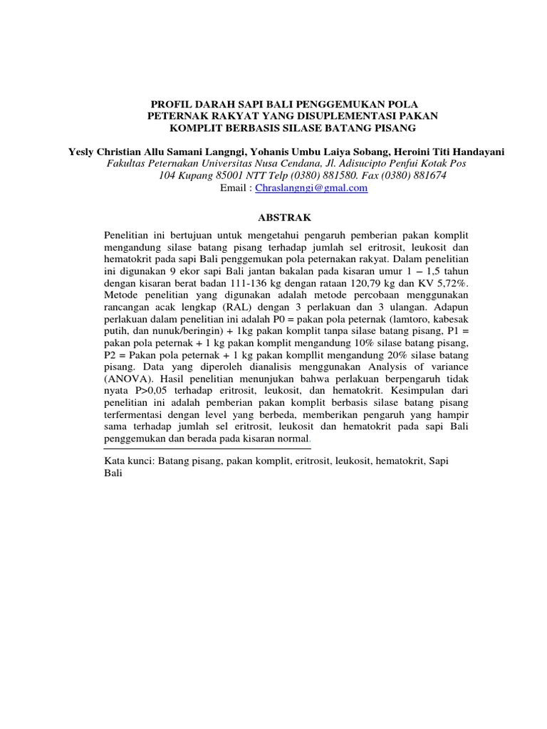 Profil Darah Sapi Bali Penggemukan Pola Peternak Rakyat Yang Disuplementasi Pakan Komplit ...