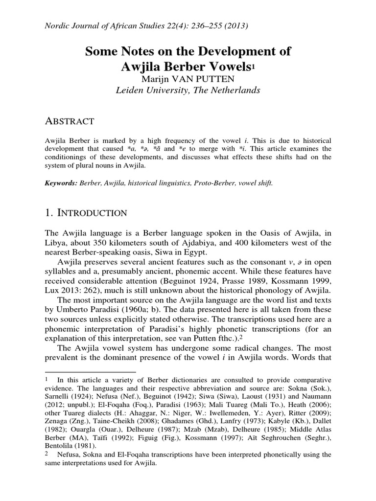 Some Notes On The Development of Awjila Berber Vowels: Leiden ...