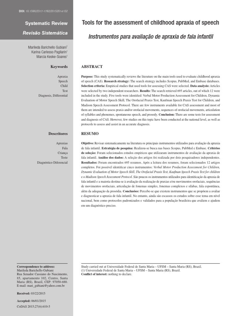 Tools For The Assessment of Childhood Apraxia of Speech | PDF | Speech ...