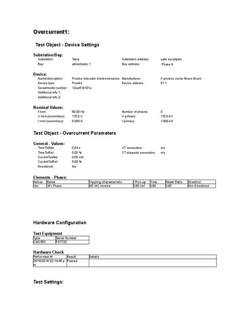 Overcurrent1:: Test Object - Device Settings | PDF | Electrical ...