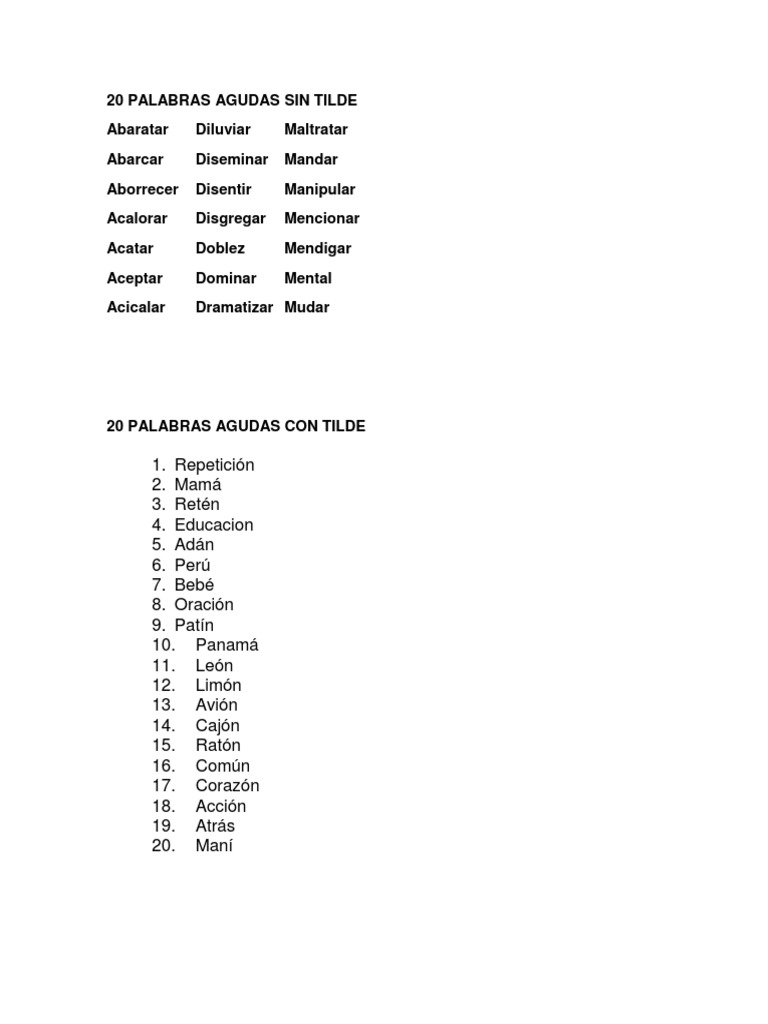 20 Palabras Agudas Sin Tilde | Idiomas | Familia