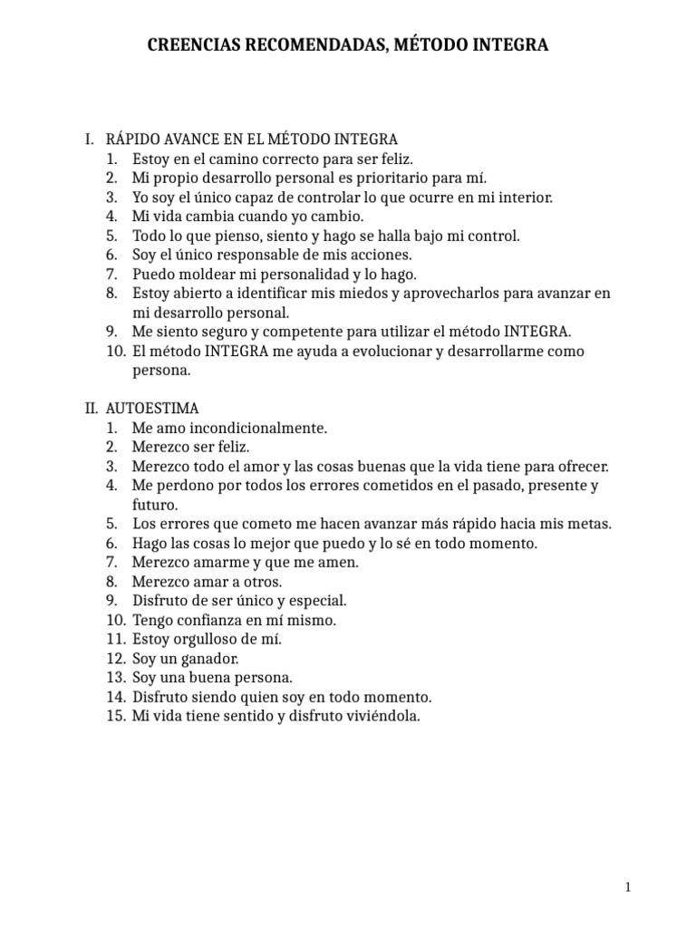 Creencias Recomendadas, Método Integra | PDF | Desarrollo personal | Vida