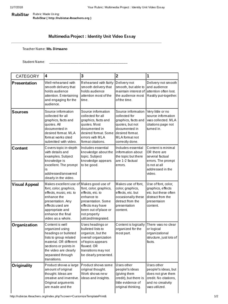 Your Rubric Multimedia Project Identity Unit Video Essay | PDF ...