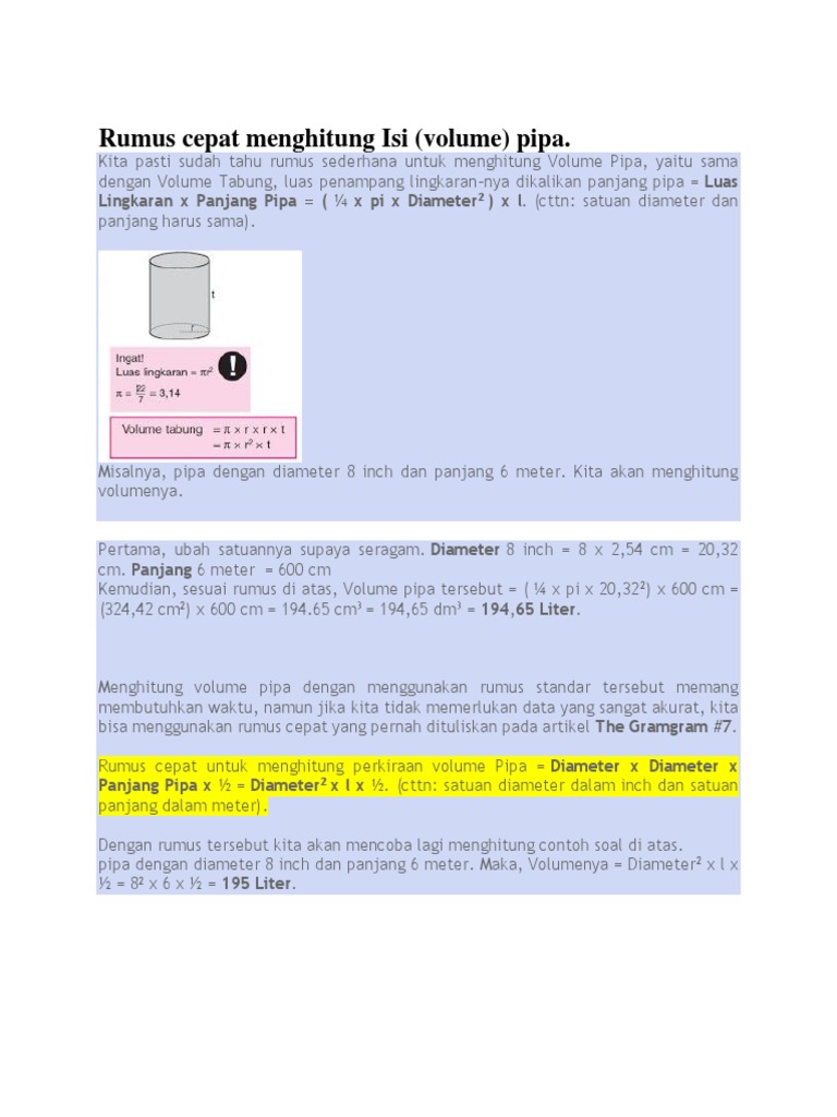 Rumus Cepat Menghitung Isi Volume Pipa | PDF