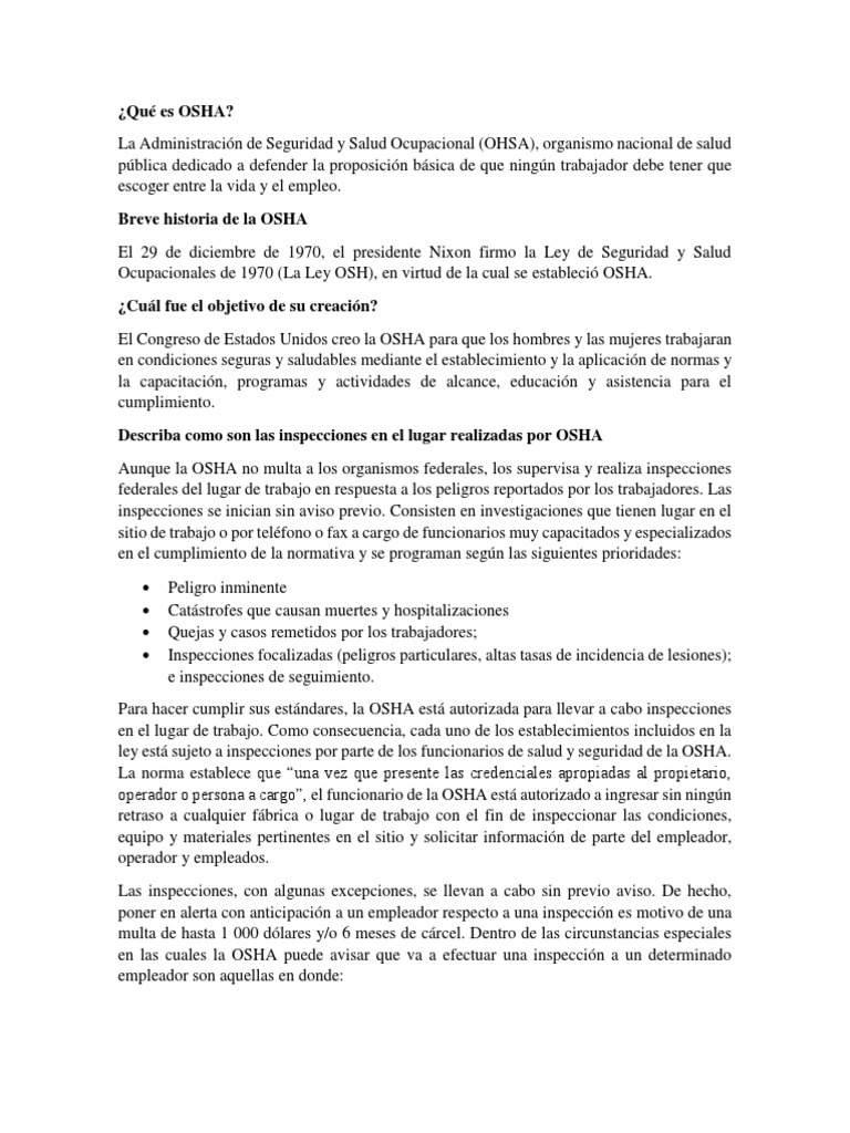 Qué es OSHA | PDF | Administración de Seguridad y Salud Ocupacional ...
