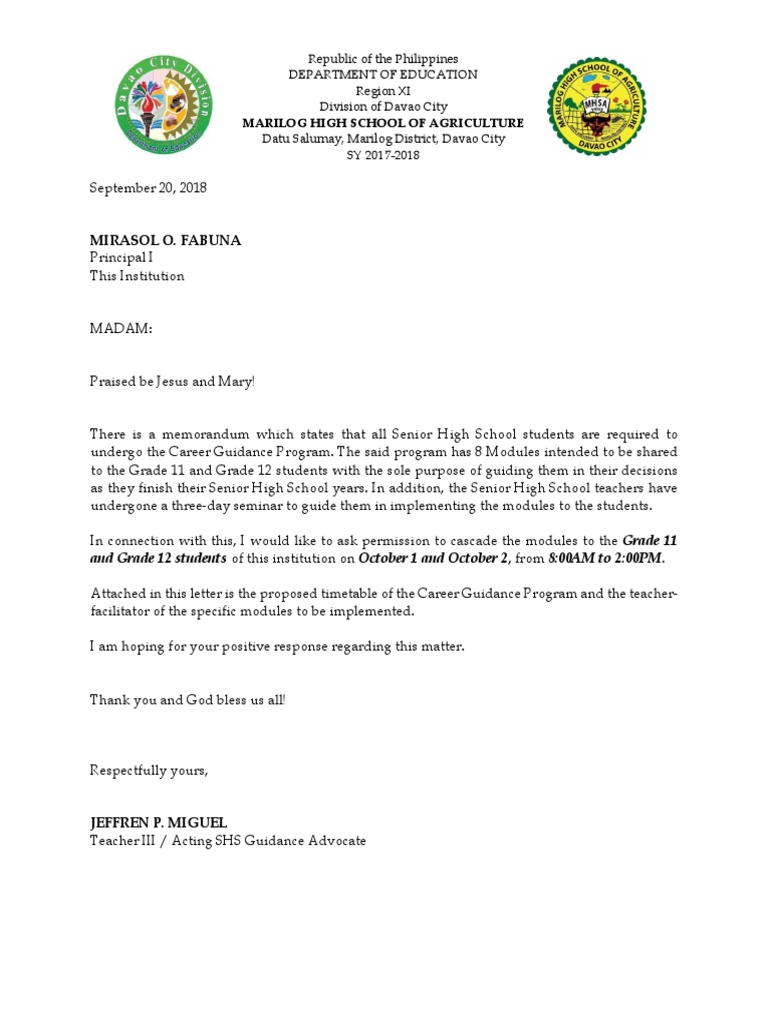 Sample Letter of Permission / Activity Proposal For Career Guidance ...