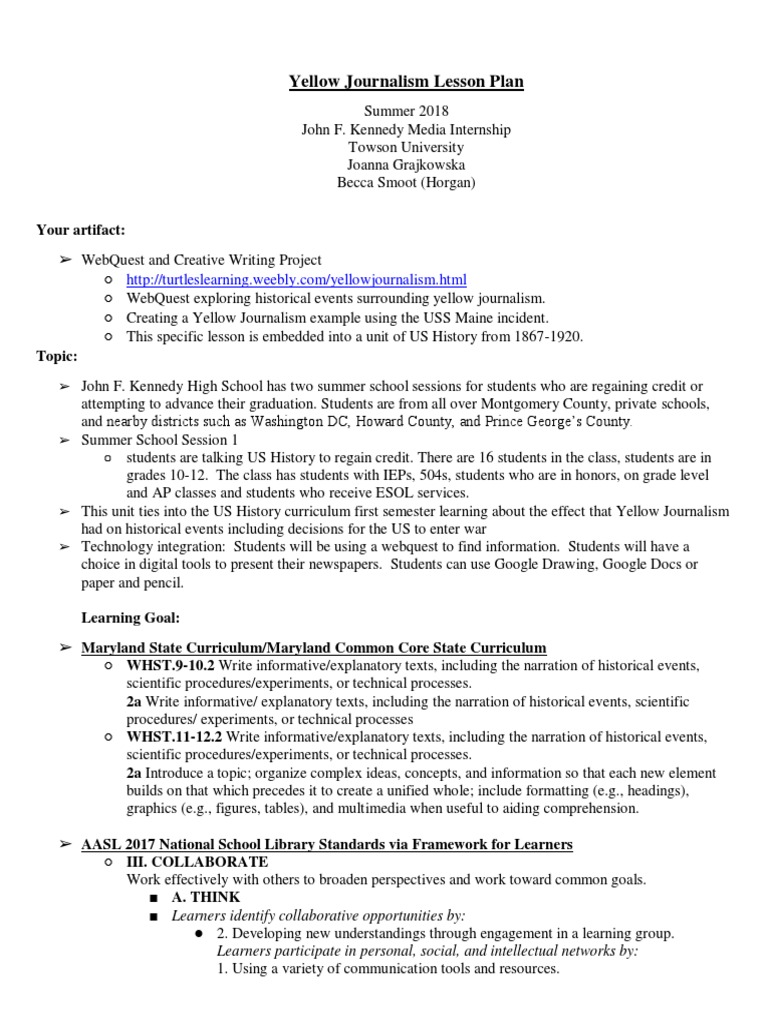 Yellow Journalism Lesson Plan: Your Artifact | Download Free PDF ...