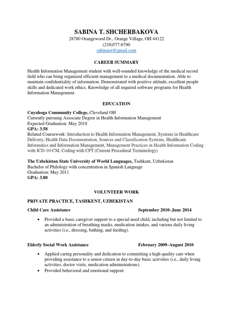 Sabina Shcherbakova Resume #1 | PDF | Health Informatics | Health Care