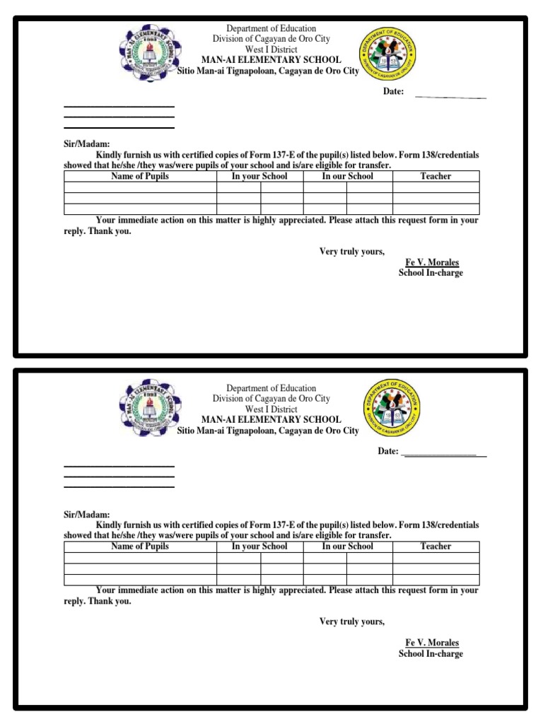 Man-Ai Form 137 Request Form | PDF