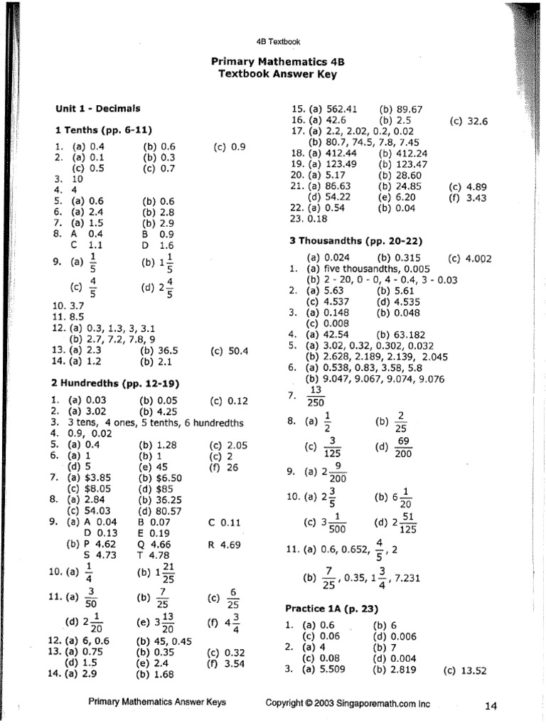 Singaporemath Level 4b - Answer Key | PDF