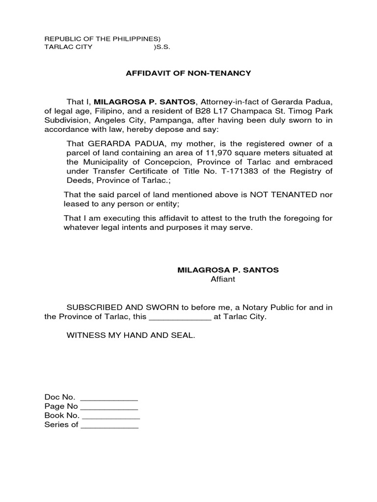 Affidavit of Non-Tenancy: Republic of The Philippines) Tarlac City) S.S ...