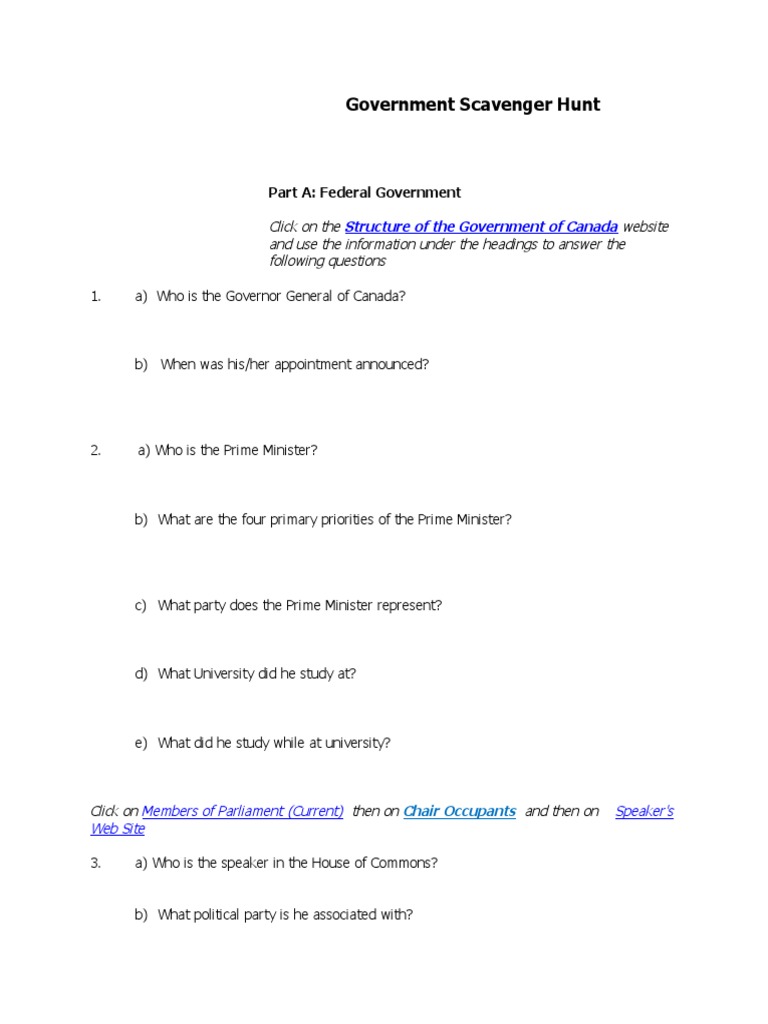 Government Structure Scavenger Hunt | PDF | Speaker (Politics ...