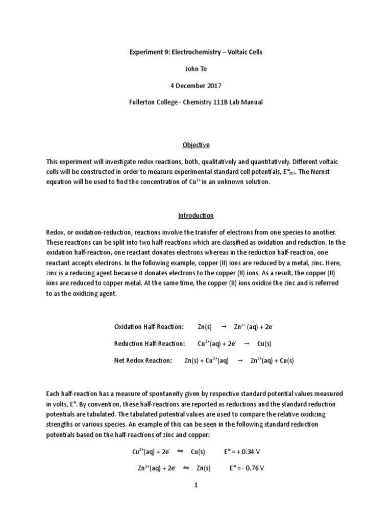 Electrochemistry - Voltaic Cells (A Lab) | PDF | Redox | Physical Chemistry