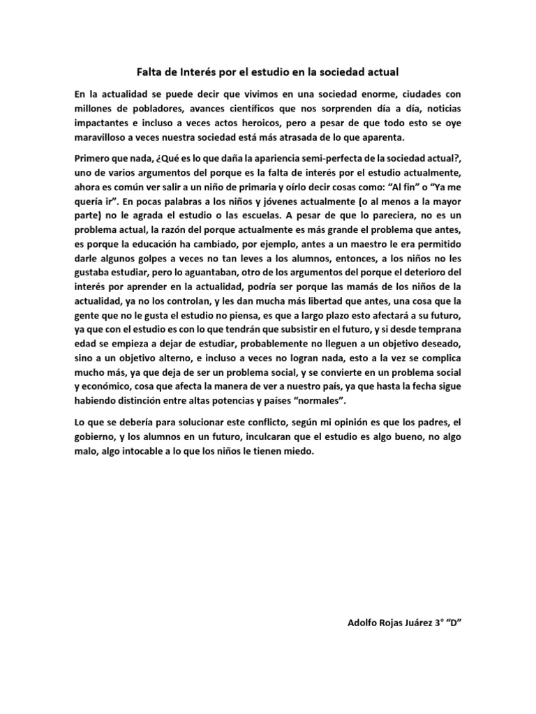 Falta de Interés Por El Estudio en La Sociedad Actual | PDF