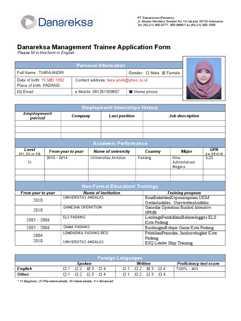 Danareksa Management Trainee Application Form: Personal Information | PDF