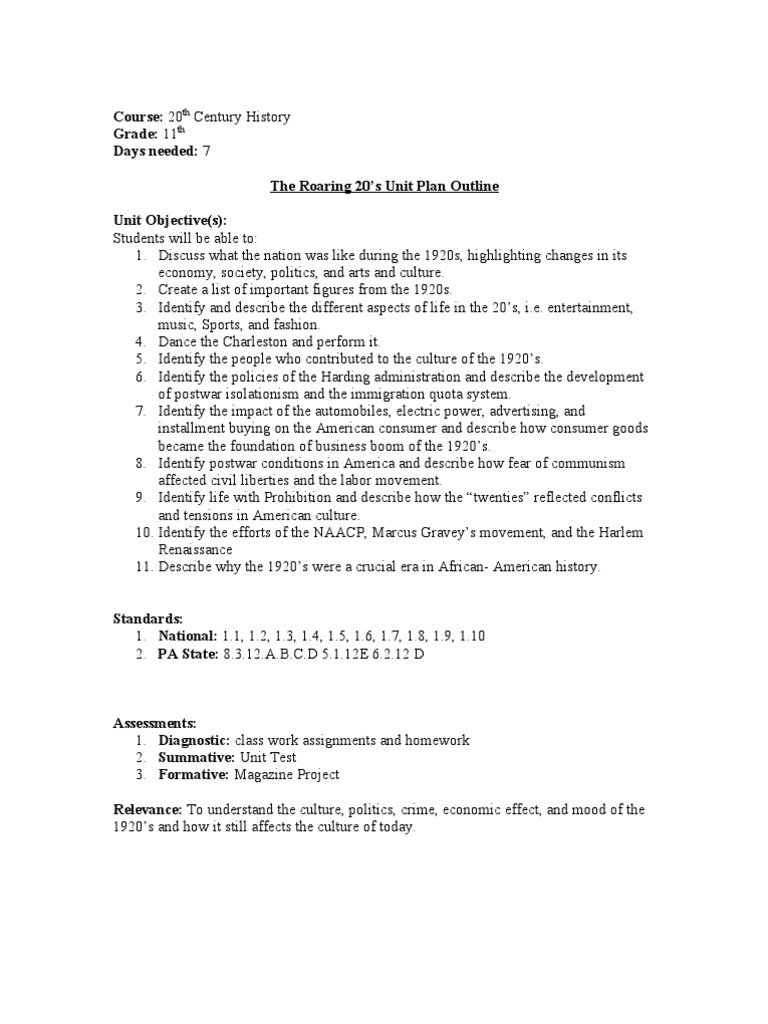 1920's Unit Plan | PDF | Homework | The United States
