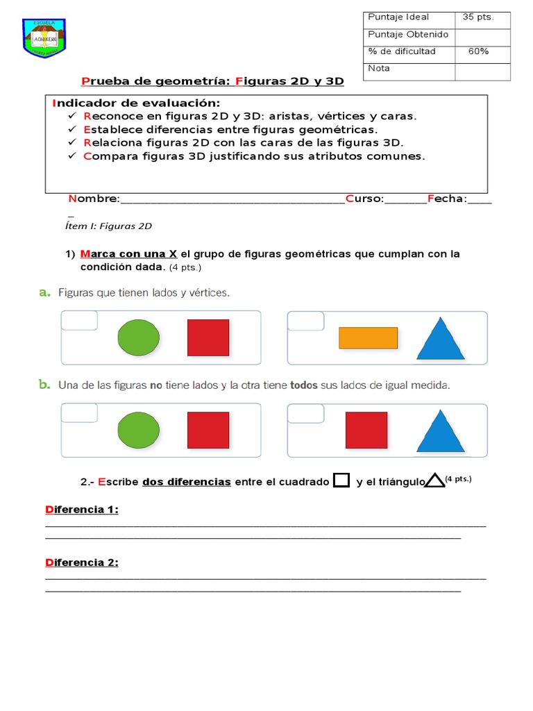 Prueba de Geometría: Figuras 2D y 3D | PDF | Geometría | Enseñanza de ...