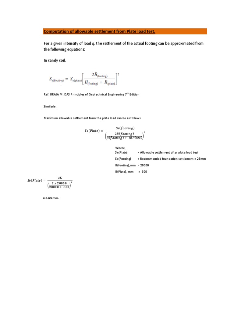 Allowable Settlement from Plate Load Test | PDF | Civil Engineering ...