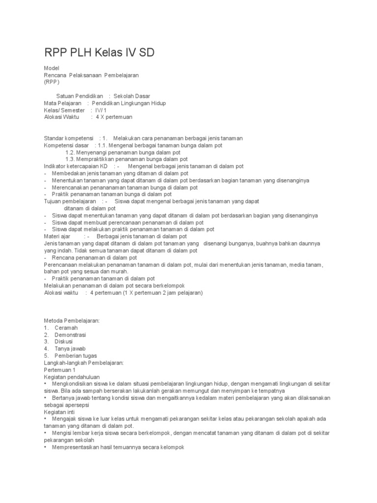 Contoh RPP PLH Kelas IV SD | PDF