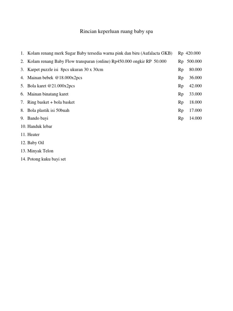 Rincian Keperluan Ruang Baby Spa | PDF