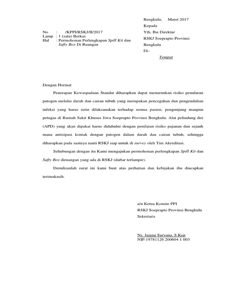 Surat Permohonan APD Spill Kit Dan Safty Box | PDF