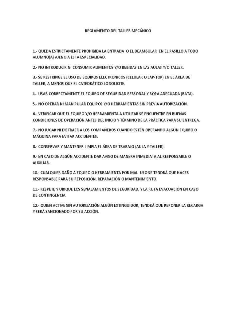 Reglamento Del Taller Mecánico | PDF