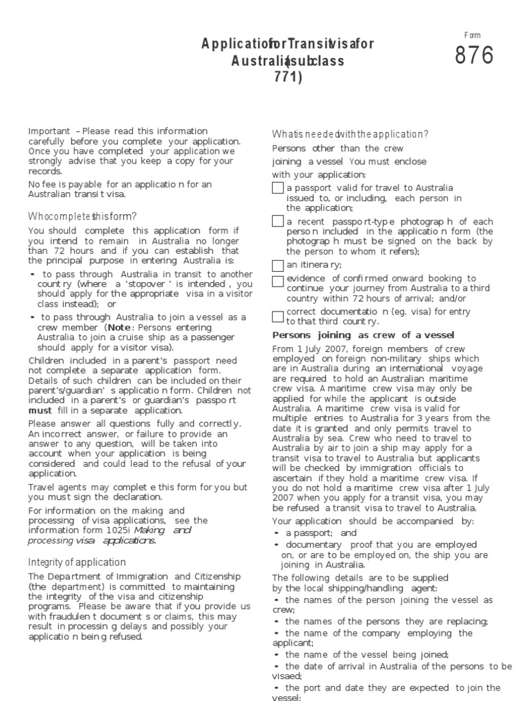 A P Plicatio N For Transit Visa For A Ustralia (Subclass 771) | PDF ...
