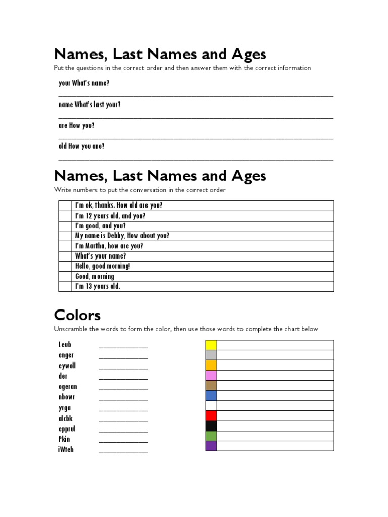 Names, Last Names and Ages: Put The Questions in The Correct Order and ...