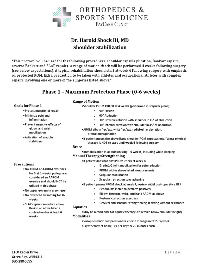 Dr. Harold Shock III, MD Shoulder Stabilization: Goals For Phase 1 ...