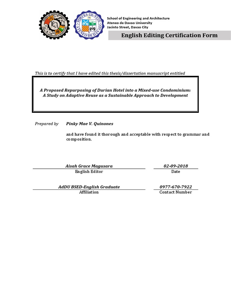 English Editing Certification Form | PDF