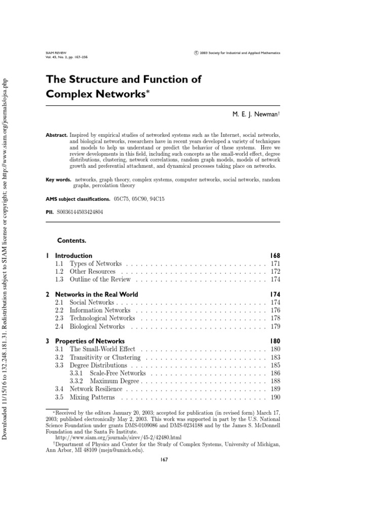 Newman The Structure and Function of Complex Networks | PDF | Social Network | Vertex (Graph Theory)