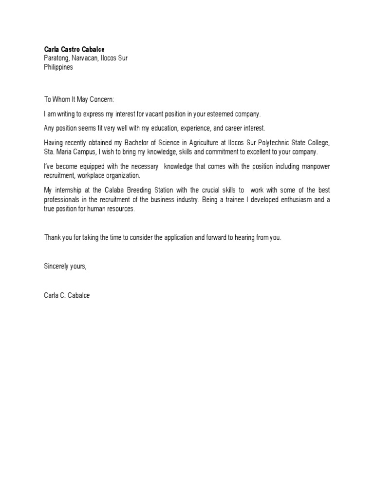 Three Job Application Letters from Recent Agriculture Graduates in the ...