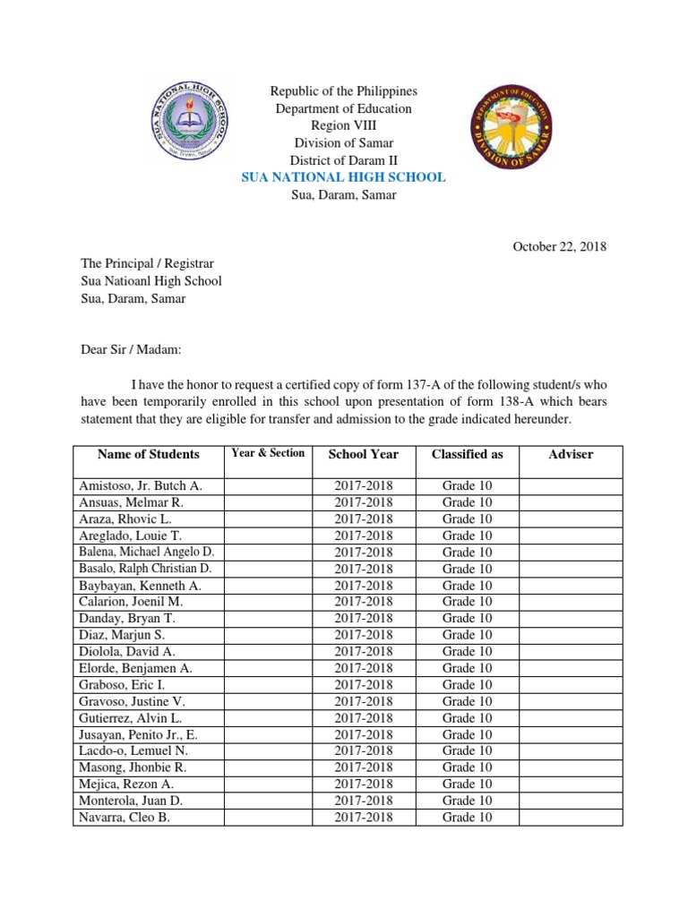 Request for Certified Copies of Form 137-A for Transferring Students of ...