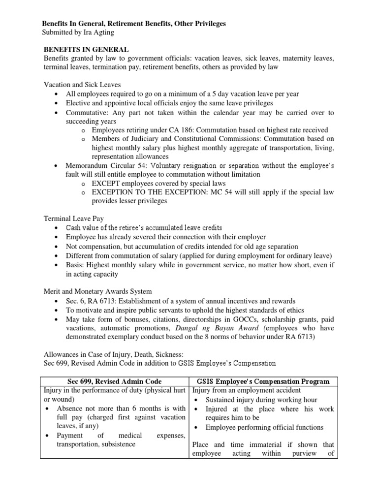 Benefits in General, Retirement Benefits, Other Privileges | PDF ...
