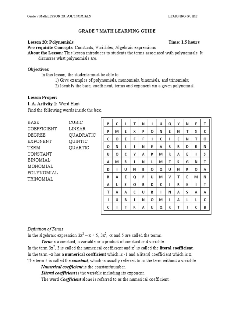 Grade 7 Math Lesson 20: Polynomials Learning Guide: Term Is A Constant ...