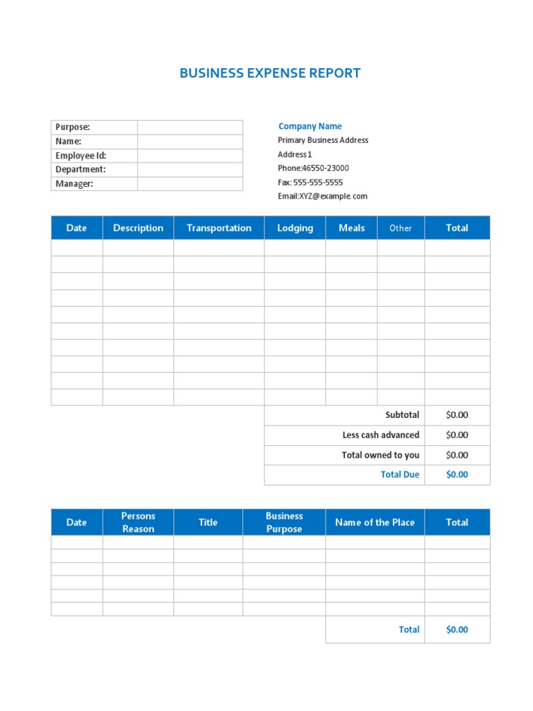 Business Expense Report: Purpose: Name: Employee Id: Department ...