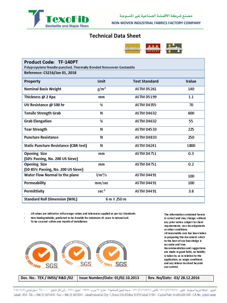 Technical Specs Geotextile | PDF | Building Engineering | Materials