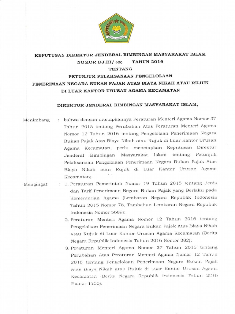 Kep Dirjen Bimas No 600 2016 TTG Juklak PNBPNR 2016 PDF | PDF