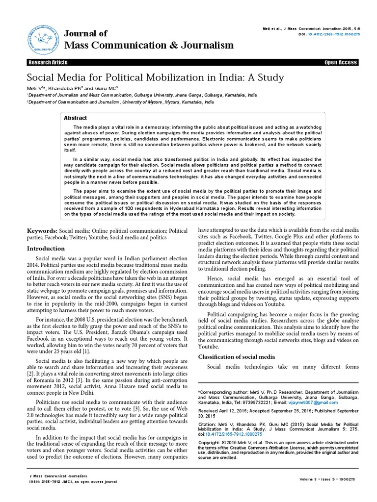 Social Media For Political Mobilization in India A Study 2165 7912 ...