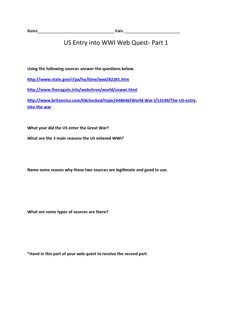 US Entry Into WWI Web Quest | PDF | World War I | Propaganda