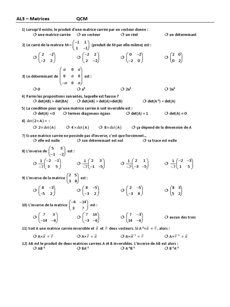 QCM sur les Matrices et Déterminants | PDF | Matrice (Mathématiques ...